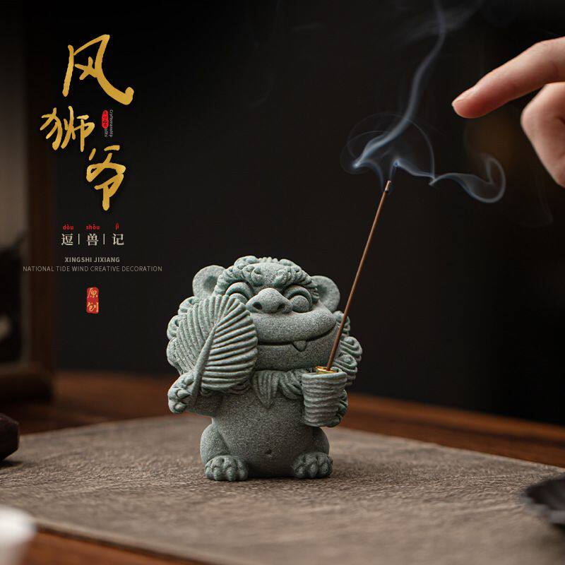 青砂石风狮爷茶宠摆件家居客厅茶桌装饰小茶玩盖置创意线香插香座