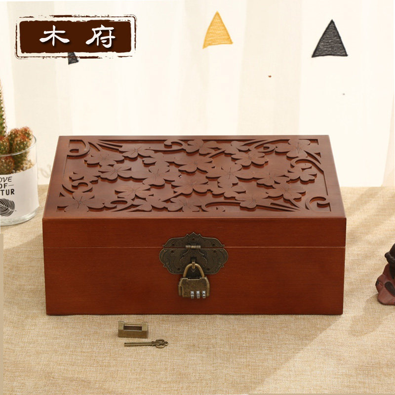 新品桌面化妆品收纳盒带锁木x盒首饰盒创意复古大号储物密码小箱