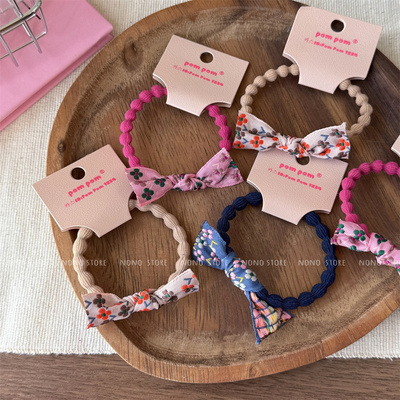 现~PomPom韩国进口儿童发饰刺绣碎花蝴蝶结发绳发量多藕节粗发圈