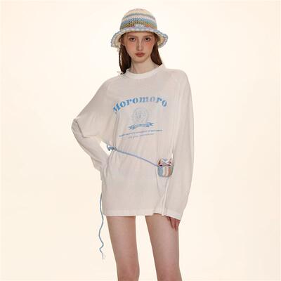 Moromoro 夏季新款插肩袖字母印花长袖T恤女休闲慵懒圆领上衣