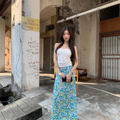 fortunee原创软糯加长a型半身裙夏绑带碎花度假风高腰伞裙高个子