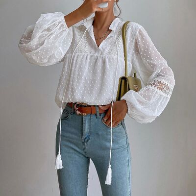 Lace patchwork loose lace up shirt  女士蕾丝拼接宽松系带衬衫