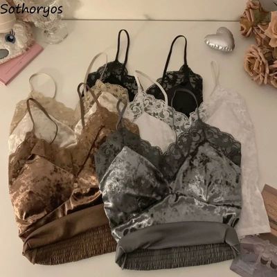 Velvet and lace patchwork suspender 纯色修身丝绒蕾丝拼接吊带