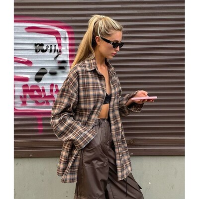 Vintage plaid printed long sleeved shirt复古格子印花长袖衬衫