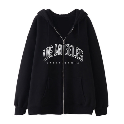 欧美风复古字母印花连帽卫衣男女拉链外套黑色上衣hoodie jacket