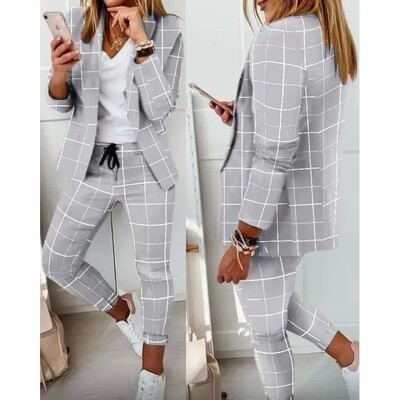 Two piece striped jacket and pants set女式条纹外套长裤两件套