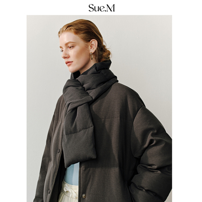 Sue.M 波兰进口95白鹅绒长款针织围脖羽绒服25冬季女款无领鹅绒服