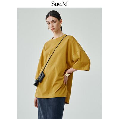 Sue.m 进口长绒棉南瓜短袖t恤 宽松廓形落肩七分袖圆领t恤上衣女