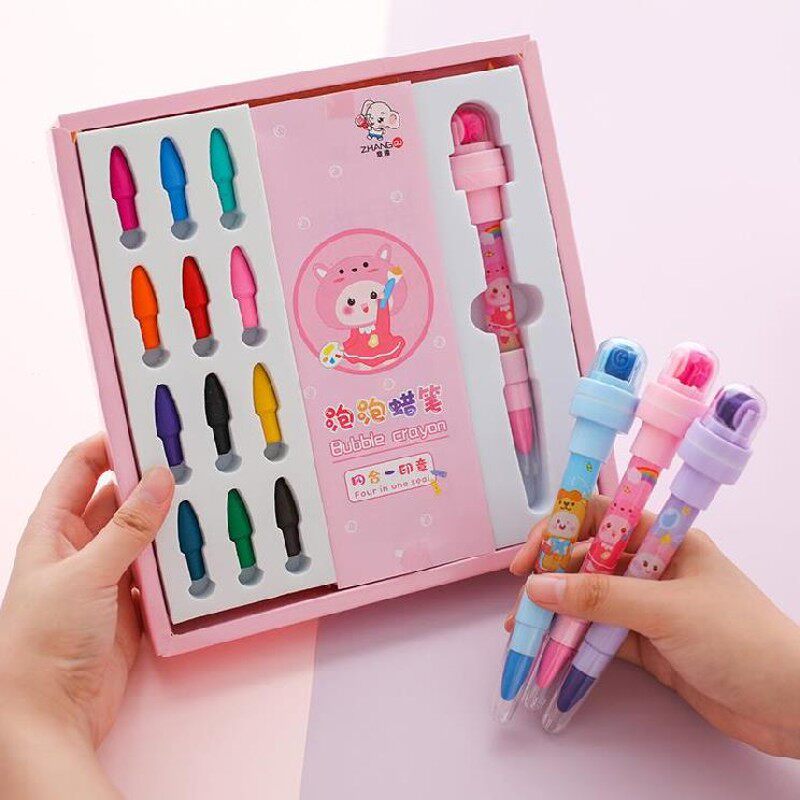 速发带印章吹泡泡的儿童水彩笔婴幼儿灯光滚动写字创意蓝色滚轮式