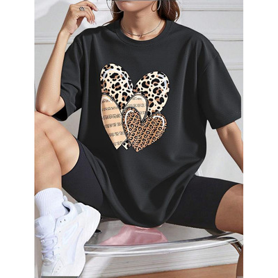 跨境欧码纯棉女装T恤Camiseta Estampada Leopard Heart de Manga