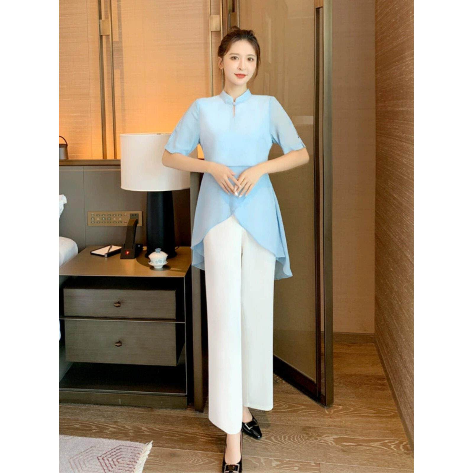足部按摩旗袍技师工作服典雅典雅足浴健康美容水疗耳部按摩白裤套