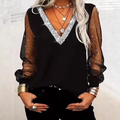 亮片V领网纱长袖休闲上衣Sparkling mesh longsleeved casual top