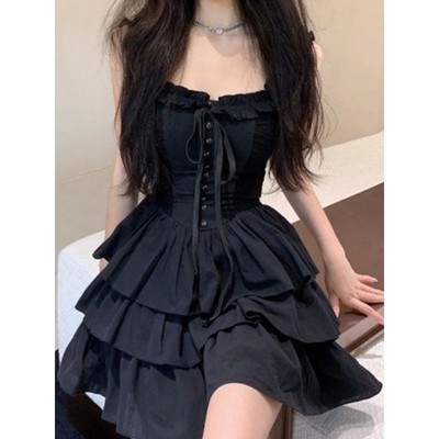 Black fungus edge waist cinching dress纯色木耳边收腰连衣裙女