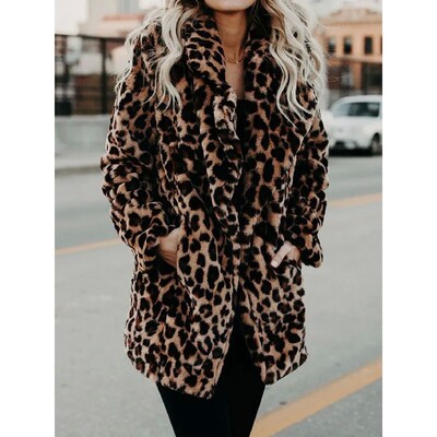 Collar leopard print long sleeved fur coat翻领豹纹毛毛大衣女