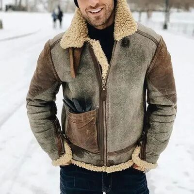 Solid color lapel casual thick fur jacket纯色翻领厚毛外套男