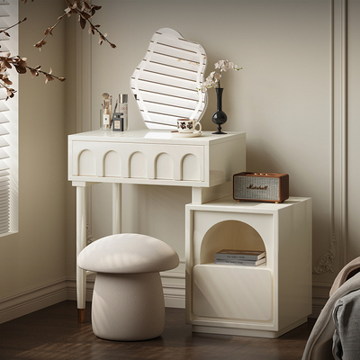 梦鹿T6梳妆台卧室简约小户型收纳法式奶油风60cm全实木烤漆化妆桌