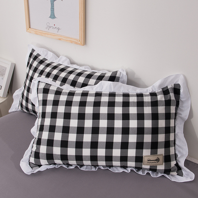 71TXins韩版荷叶花边枕套超柔亲肤格子风条纹单双人一对