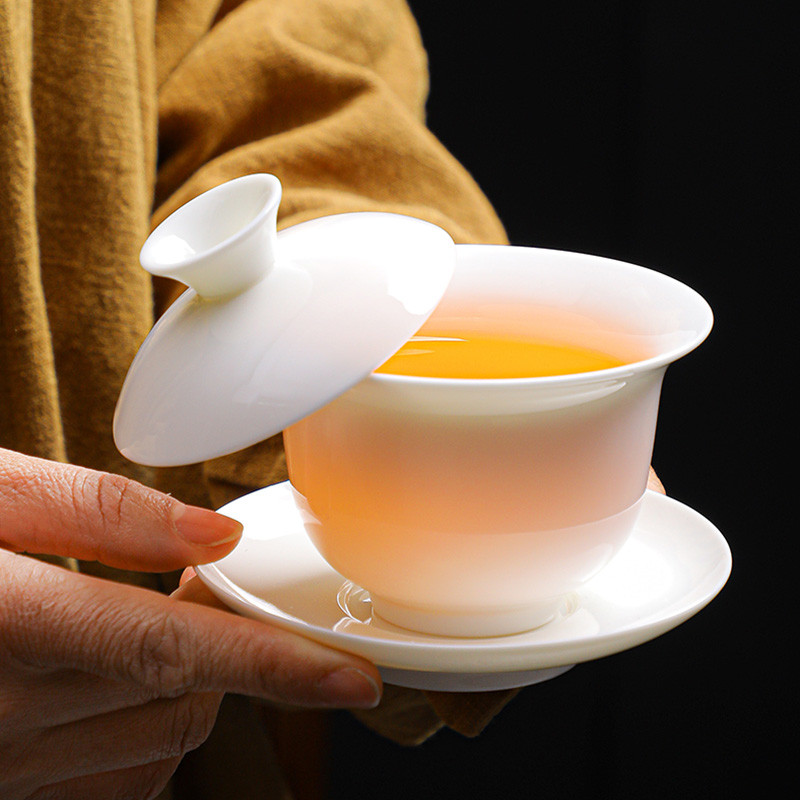 德化白瓷手工陶瓷盖碗茶杯大号泡茶三才碗羊脂玉茶碗套装家用