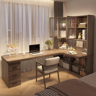 古桌电脑转角工作台BZX原木办复公桌L型双人学习桌木实书桌书柜一