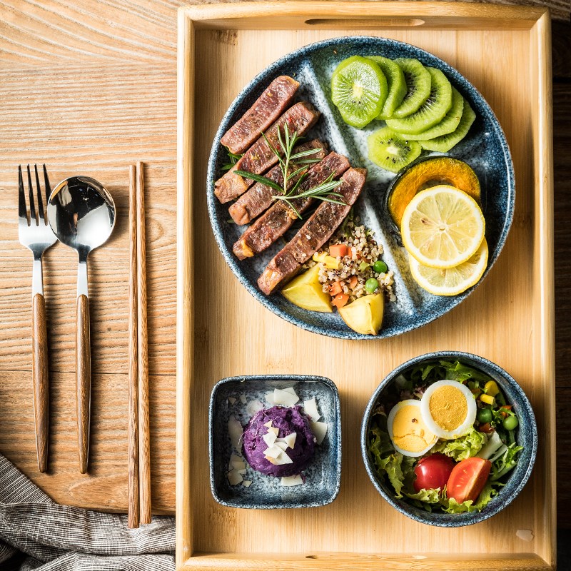 日式早餐减脂定食一人食碗碟套装带托盘商用家用单Q人份陶瓷碗盘