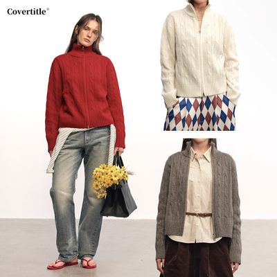 100%绵羊毛立领双开拉链绞花毛衣