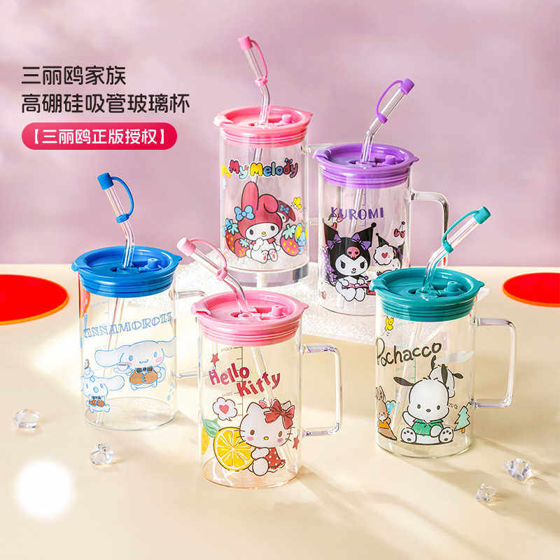 hellokitty吸管玻璃杯女生高颜值办公室杯子家用大容量带刻度水杯