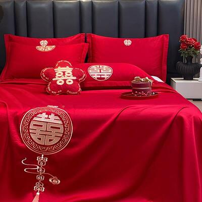 大红色婚庆床单喜庆单件结婚用喜龙枕套凤三件套F9975T56字刺绣酒