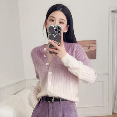 2025新款女士气质优雅百搭渐变色麻花针织开衫毛衣0473