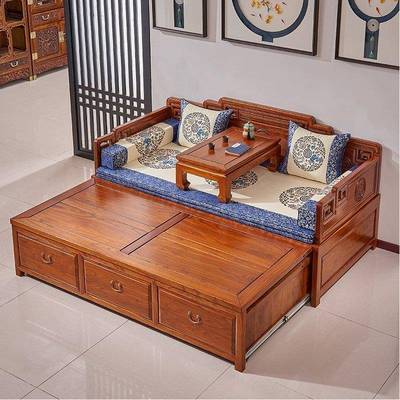 缩9U新中式榆木F77TH695推拉罗床功汉床实木多能伸两用沙发储物小