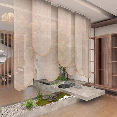 中式纯色卷帘窗帘装饰客厅茶室台拉帘阳复屏风古2223软隔断帘实造