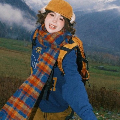 日本STELU日系彩虹格子围巾女秋冬季学生长款围脖高级感保暖披肩