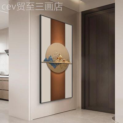 网红鹿中式玄画装饰轻奢客厅入户挂画好过寓意走新廊关道竖版晶瓷