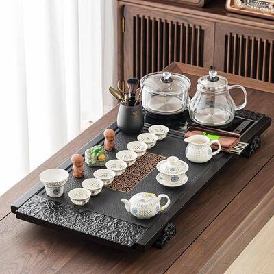 茶具套装家玻用一体台茶石材实48860木泡结合茶盘四合一璃烧水壶