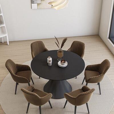 轻奢高圆端个52412性极简创桌意现代简约纯黑色岩板餐桌圆形椅桌