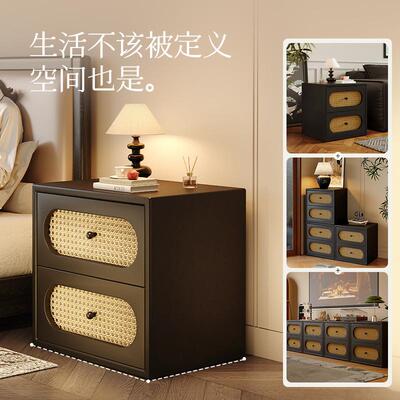 J^5复古藤编中床头柜古风黑款色小型家用卧室202新BC72001轻奢感