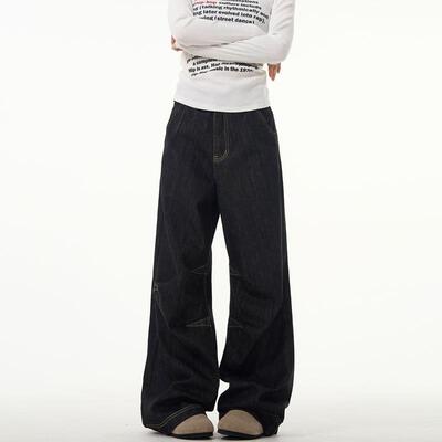 YEBOUN美式cleanfit黑色牛仔裤男潮复古直筒显瘦宽松阔腿裤子情侣