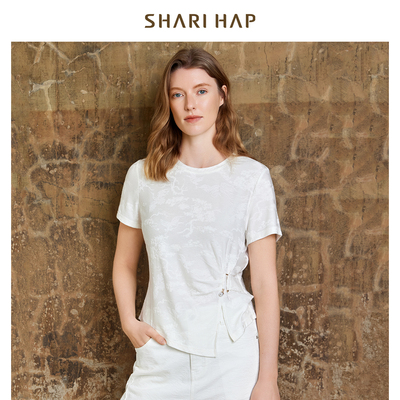 SHARI HAP 新中式提花短袖 T 恤女夏季新款收腰褶皱设计白色上衣
