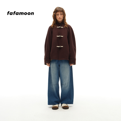 fafamoon设计师品牌秋冬女士牛角扣羊毛短大衣
