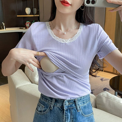 5529#（实拍）夏季 短袖 花边蝴蝶结 上掀式 哺乳 T恤