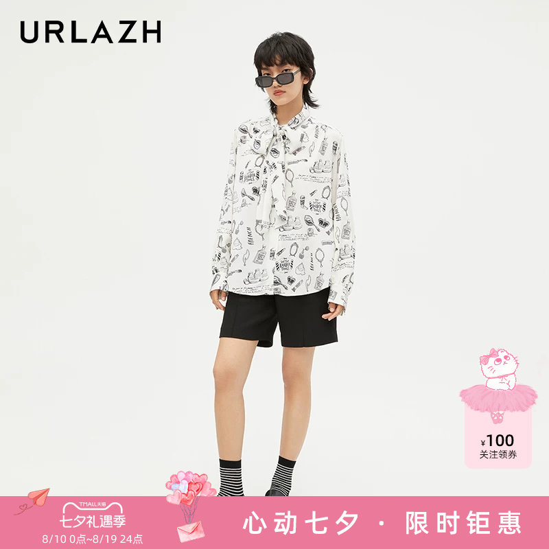 URLAZH有兰新款黑色简约质感宽松直筒休闲短裤女IM3PA25