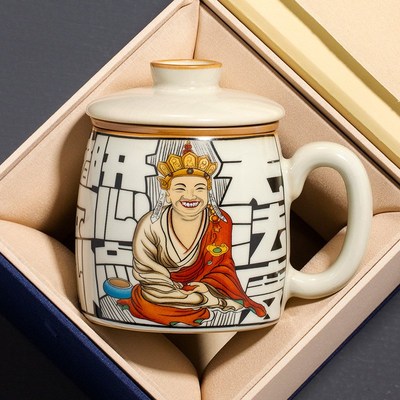 汝窑无语佛泡茶杯带盖茶水分离水杯中式家用办公室V大容量马克杯
