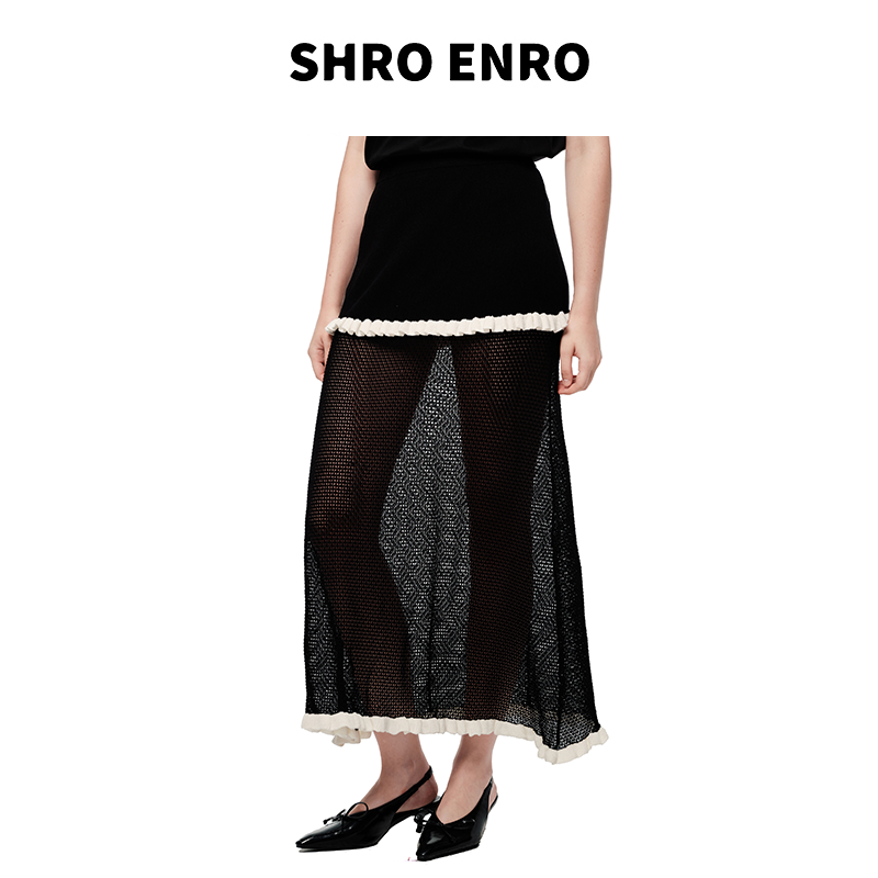 SHRO ENRO夏季新款木耳边撞色镂空针织梨形身材伯克利气质半身裙