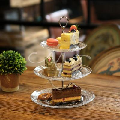 玻璃蛋糕盘带花纹玻璃金属杆水果果盘甜品台托盘下午X茶点心架套