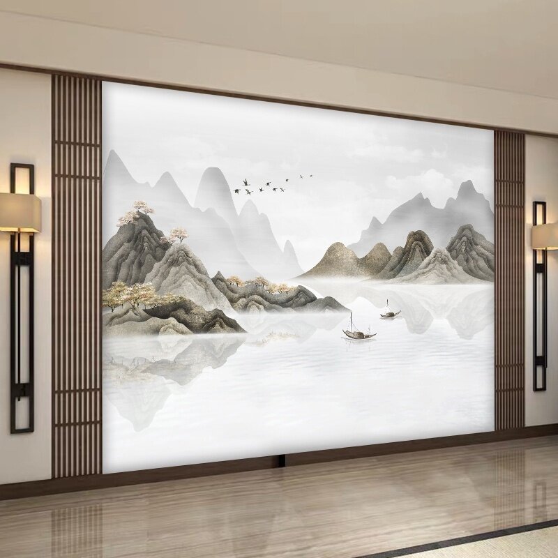 电视背景墙竹木纤维板水墨山水影视墙装饰护墙板客厅定制