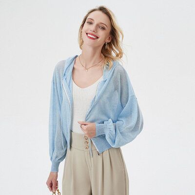 法式连帽灯笼袖针织开衫女夏季薄款透气长袖空调衫松弛感防晒外套