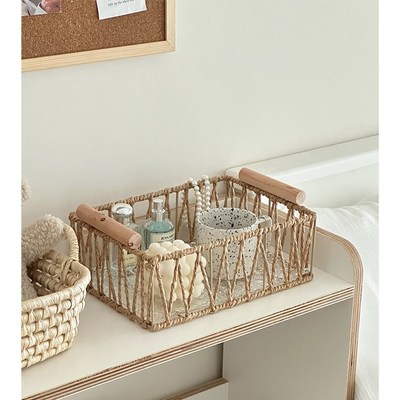 床头柜杂物收纳铁艺手提收纳x筐编织收纳篮原木风拍照道具桌面收