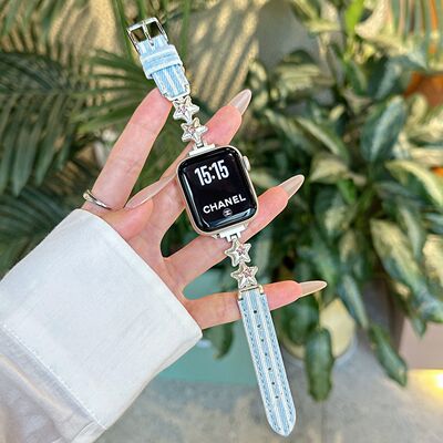 镶钻星星牛仔适用oppowatch3/X/2/3pro/4pro手表表带皮质女高级se