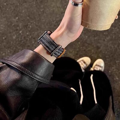 老钱风丹宁牛仔oppowatch32X手表带3/4pro新款se男女真皮质夏适用