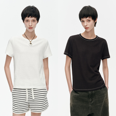 华吉言HUAJIYAN【奶咖T】汉麻棉混纺撞色线圆领宽松正肩短袖T恤女