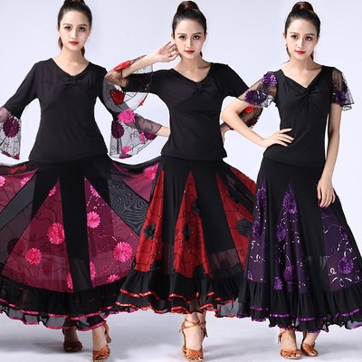 速发练功裙赛表演裙华尔兹裙舞服 交谊舞比 服交长舞裙际袖